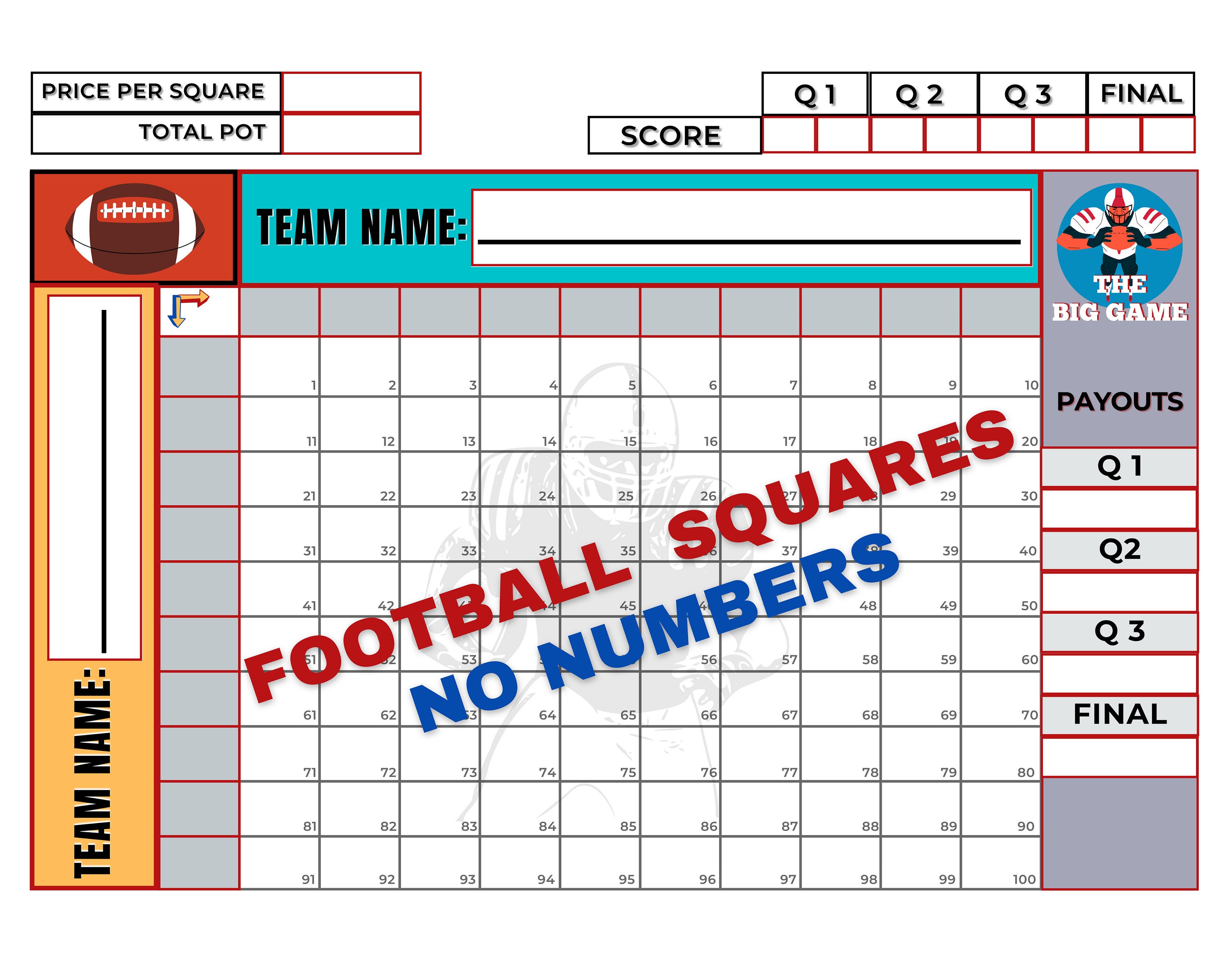 Football Squares, 100 Squares Football Pool, Football Pool Template ...