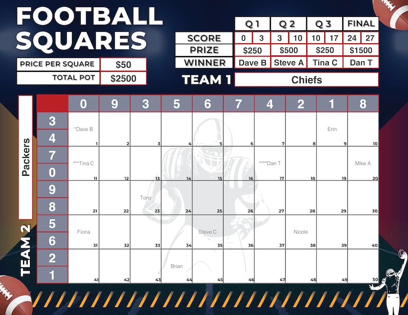 Football Squares, 50 Squares, Editable PDF Template, Printable PNG File ...