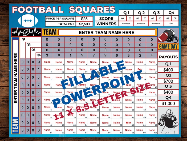 Quarter Line Football Squares, 4 Quarter Football Squares, 100 Squares ...