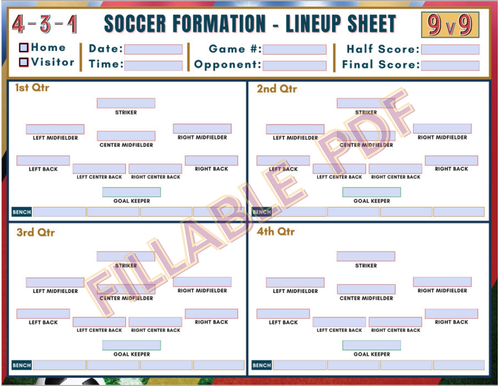 9v9 Soccer Formation Lineup Sheet, Editable PDF, Soccer Training ...