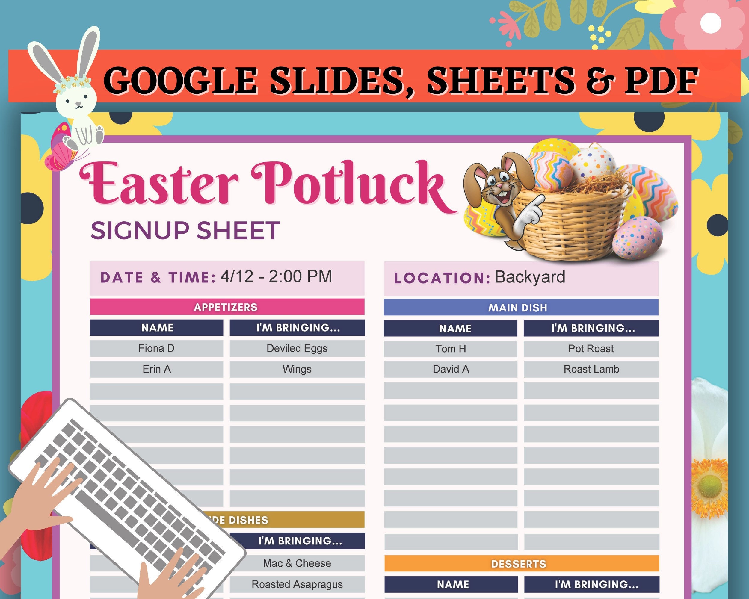 Easter Potluck Sign up Sheet, Google Slides, Editable Template, Instant ...
