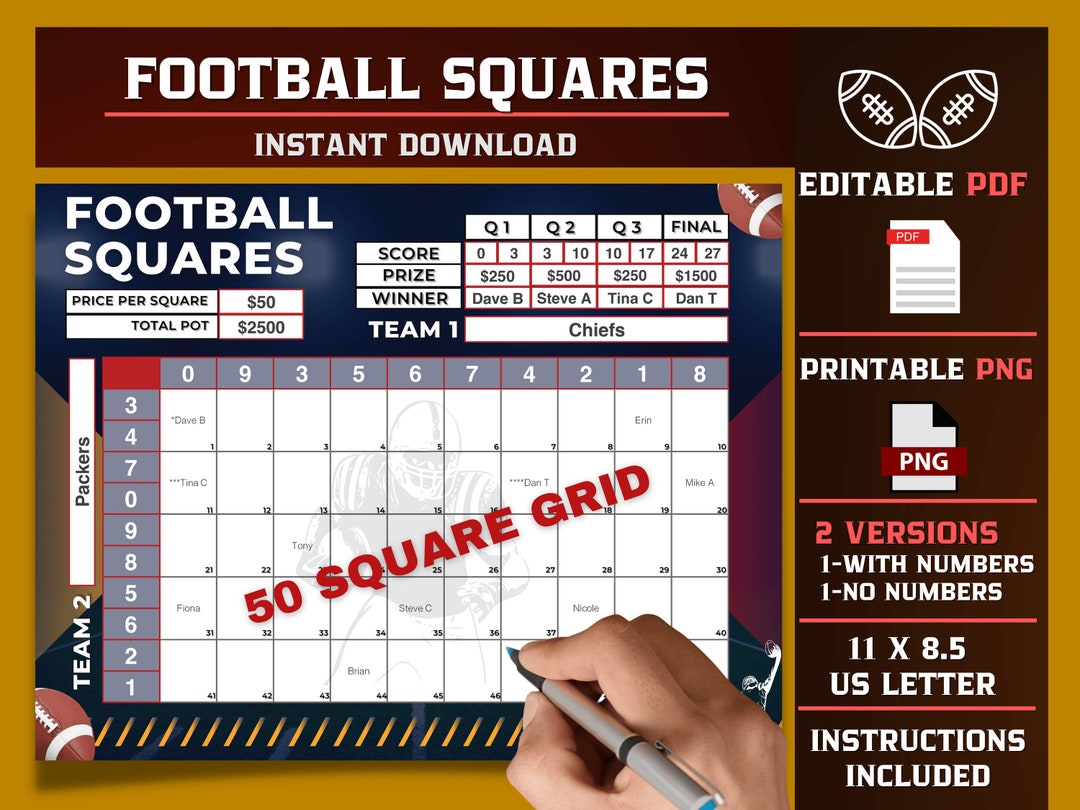 Football Squares, 50 Squares, Editable PDF Template, Printable PNG File ...