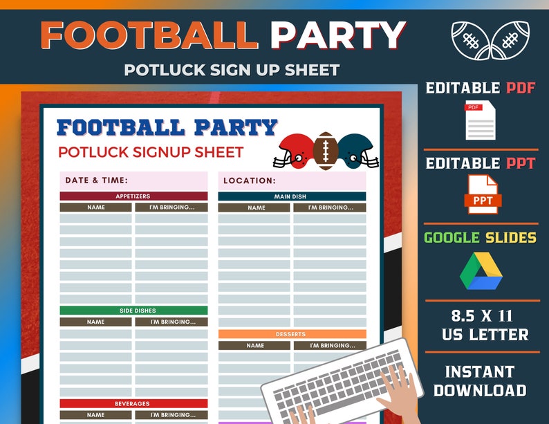 Football Party Printable Potluck Sign up Sheet Google - Etsy