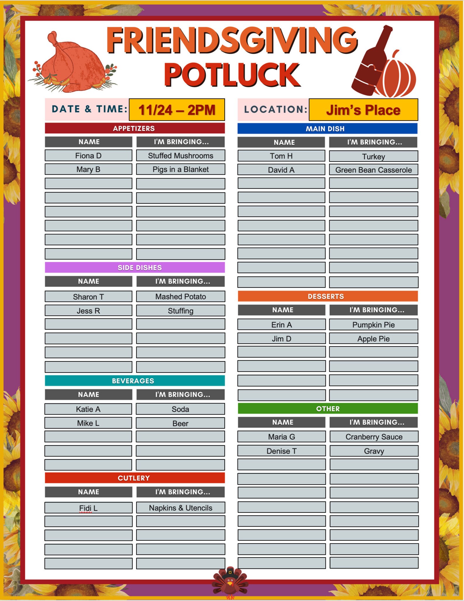 Friendsgiving Potluck Sign up Sheet, Google Slides, Editable PDF, Food ...