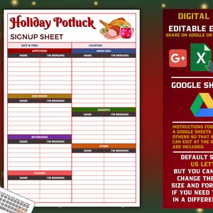 Holiday Potluck Sign up Sheet, Google Sheet, Editable Template, Food ...
