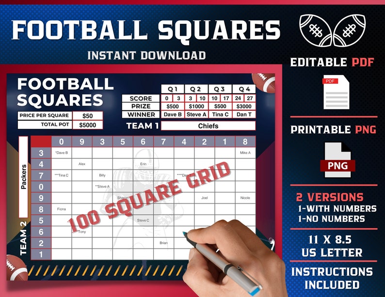 Football Squares 100 Squares Editable PDF Template - Etsy