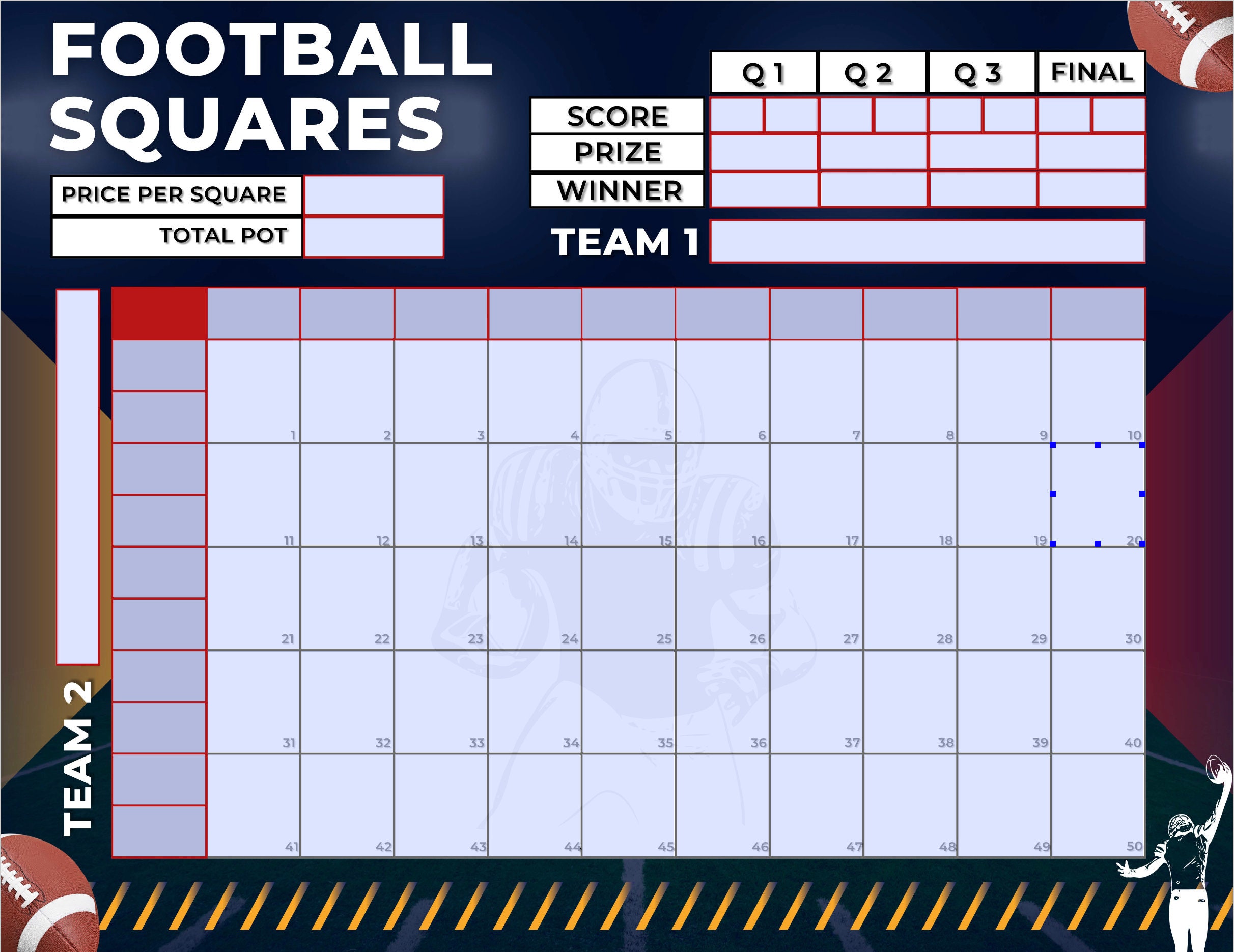 Football Squares, 50 Squares, Editable PDF Template, Printable PNG File ...