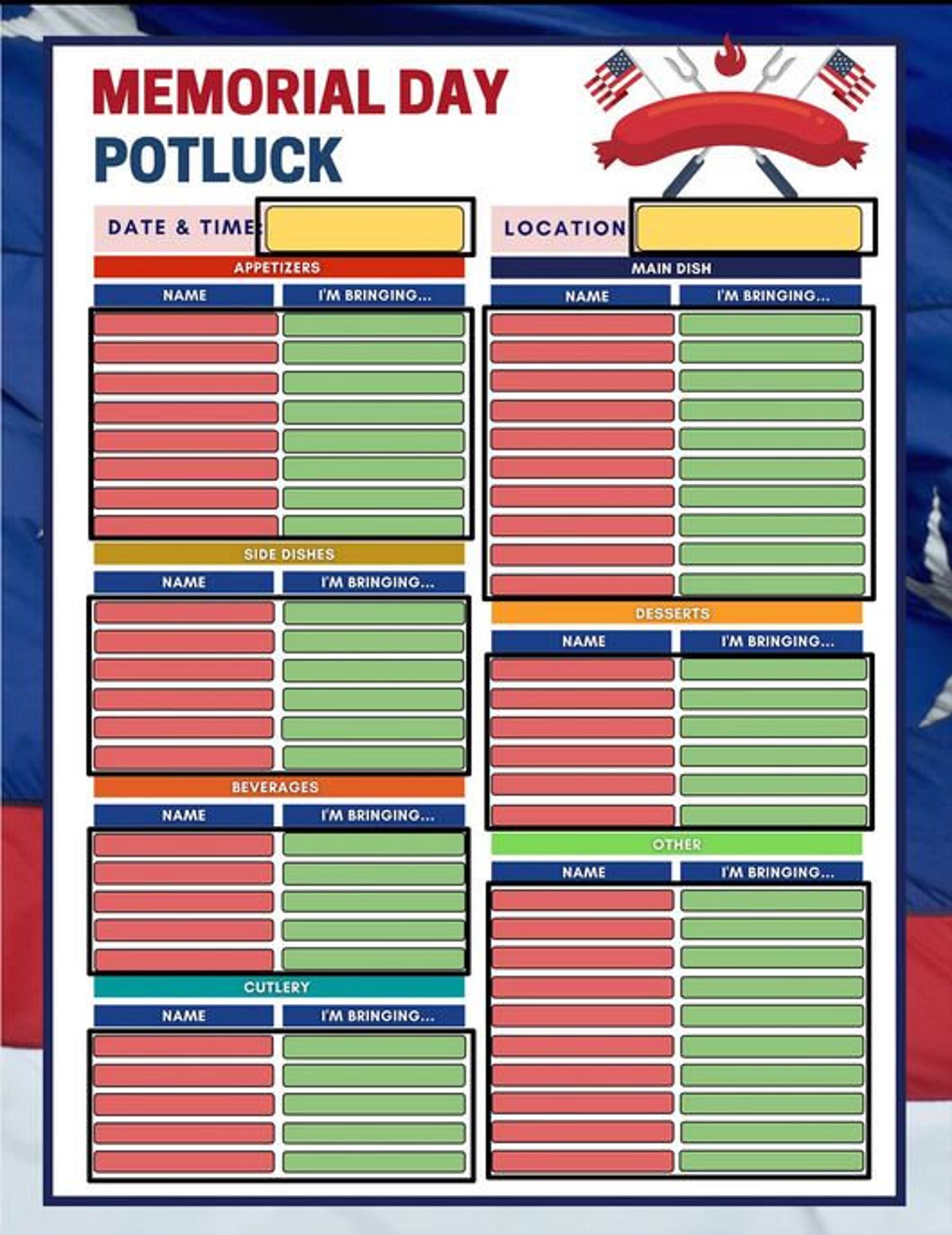 Memorial Day Potluck Sign up Sheet, Google Slides, Editbale PDF ...