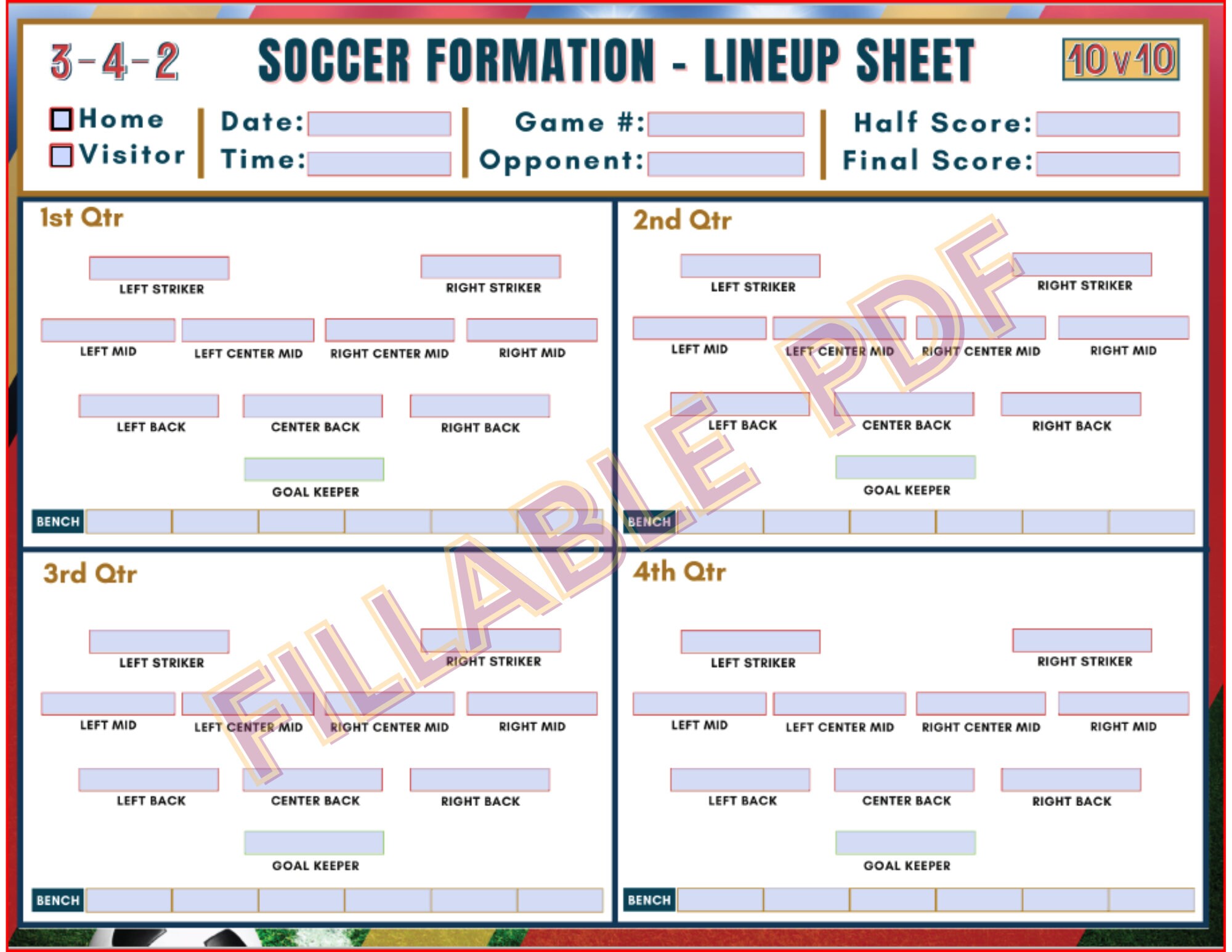 10v10 Soccer Formation Lineup Sheet, Fillable PDF, Soccer Training ...