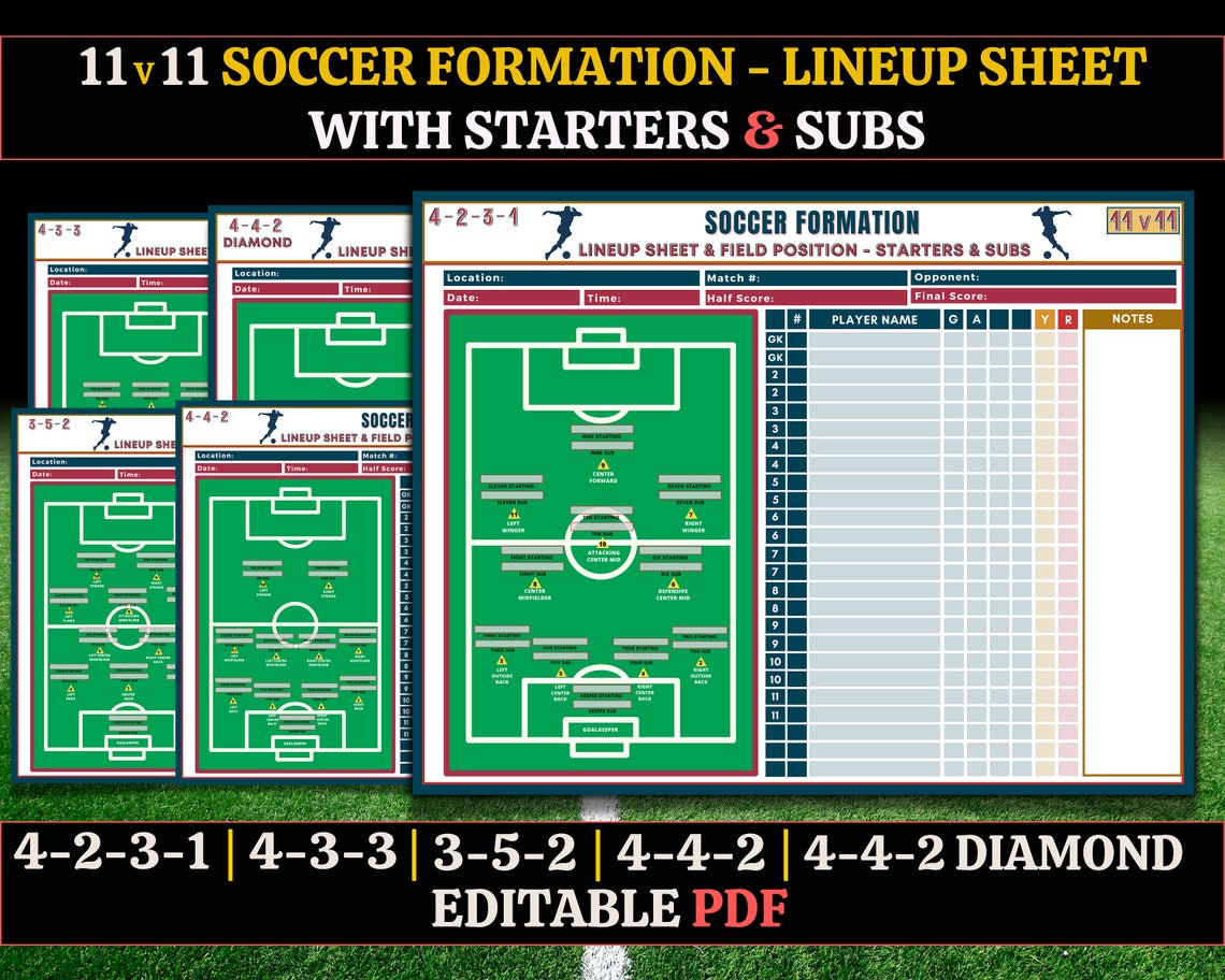 11v11 Soccer Formation Lineup Sheet With Starters and Subs, Fillable ...