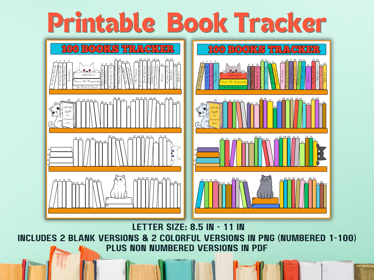 Printable Book Tracker, 100 Books, 4 in 1 Book Tracker, 2 Blank & 2 Pre ...