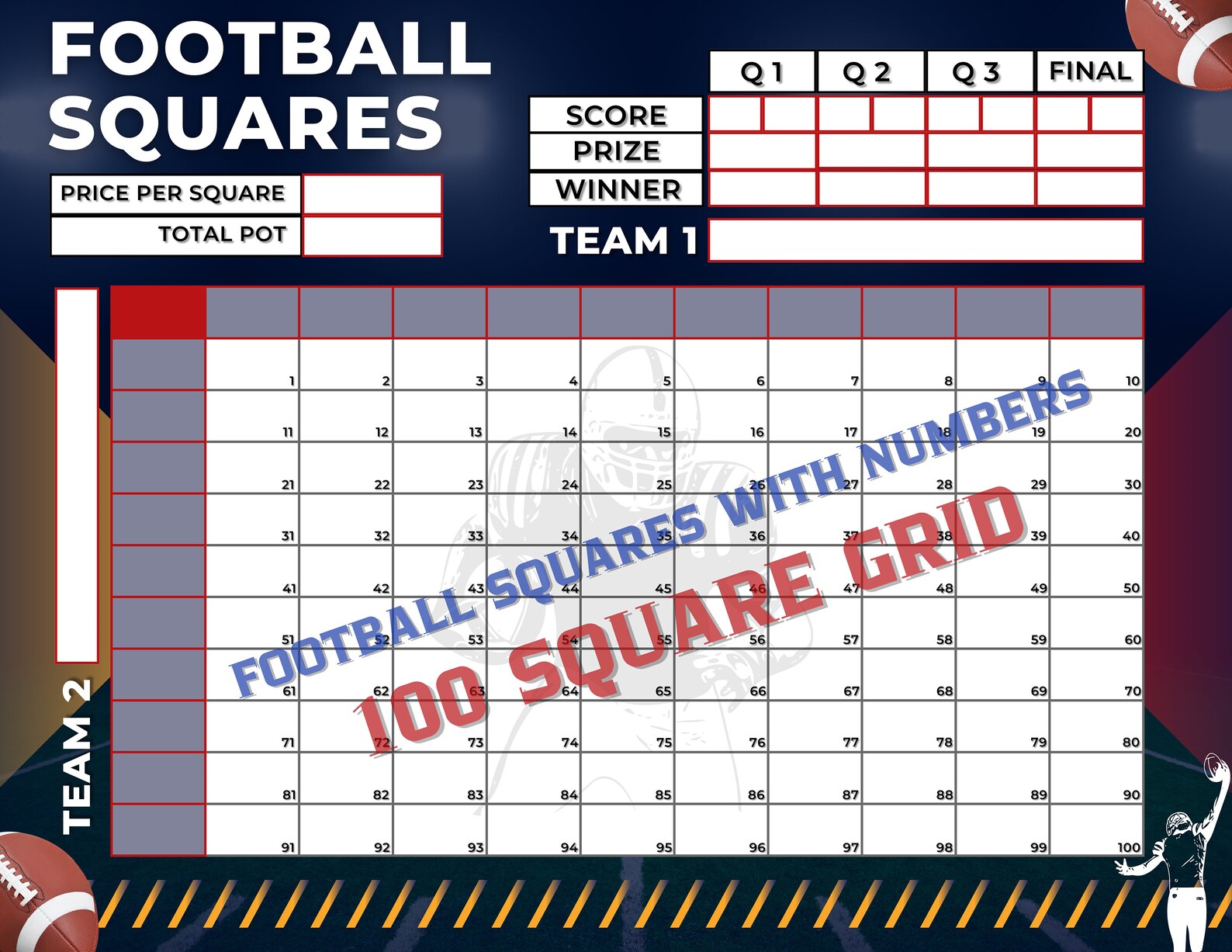 Football Squares Bundle, 100 Squares Grid, Football Boxes, Super ...