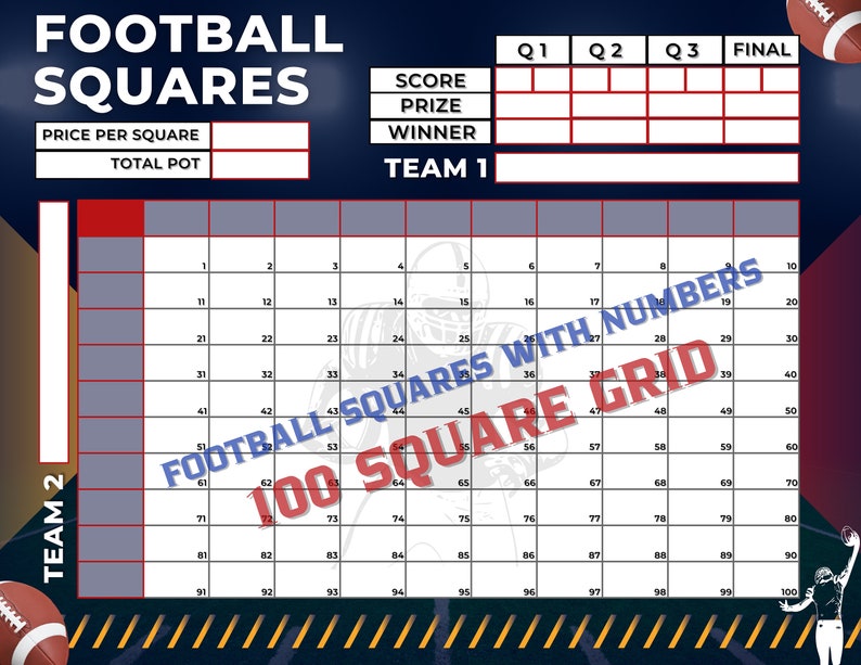 Football Squares, 100 Squares, Editable PDF Template, Printable PNG ...