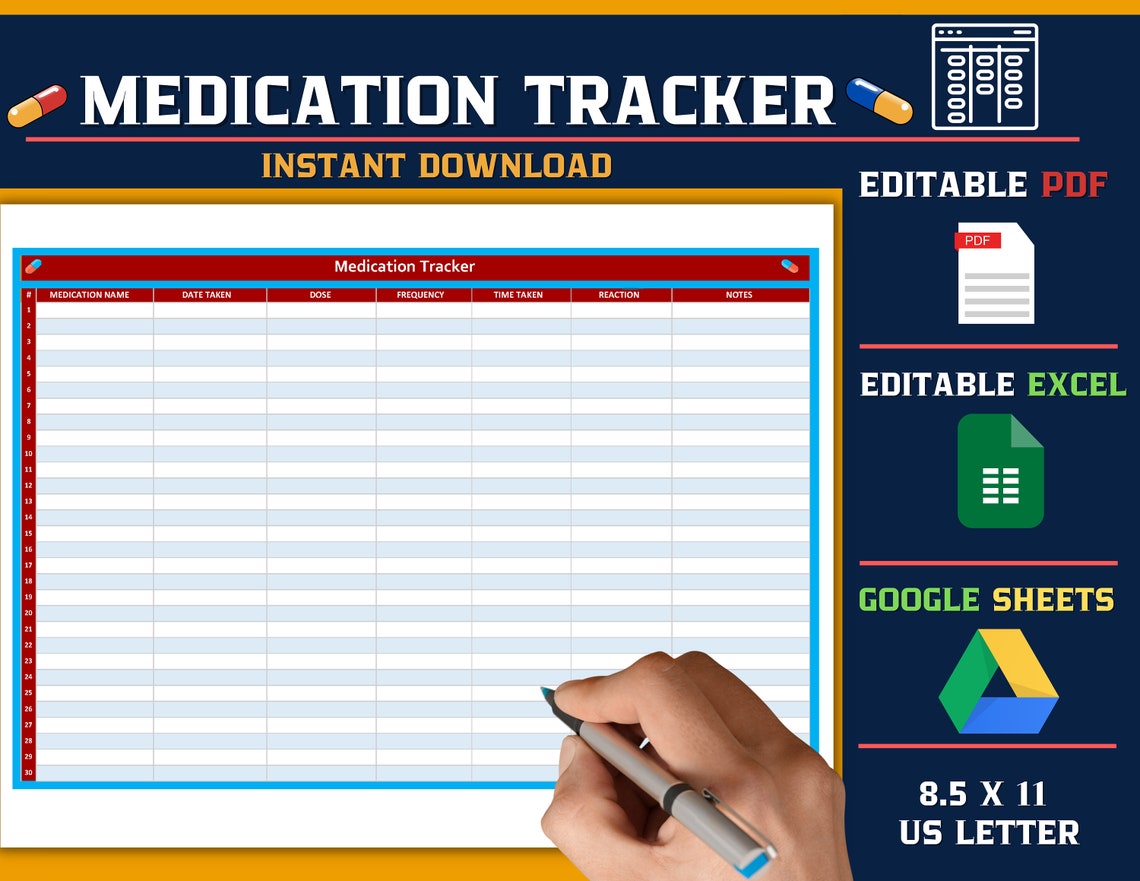 Medication Tracker, Editable Template, Printable Medicine Tracker Excel ...
