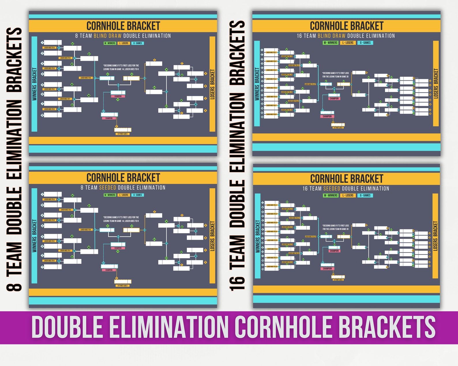 8, 16 Double Elimination Brackets, Printable Cornhole Brackets, Seeded ...