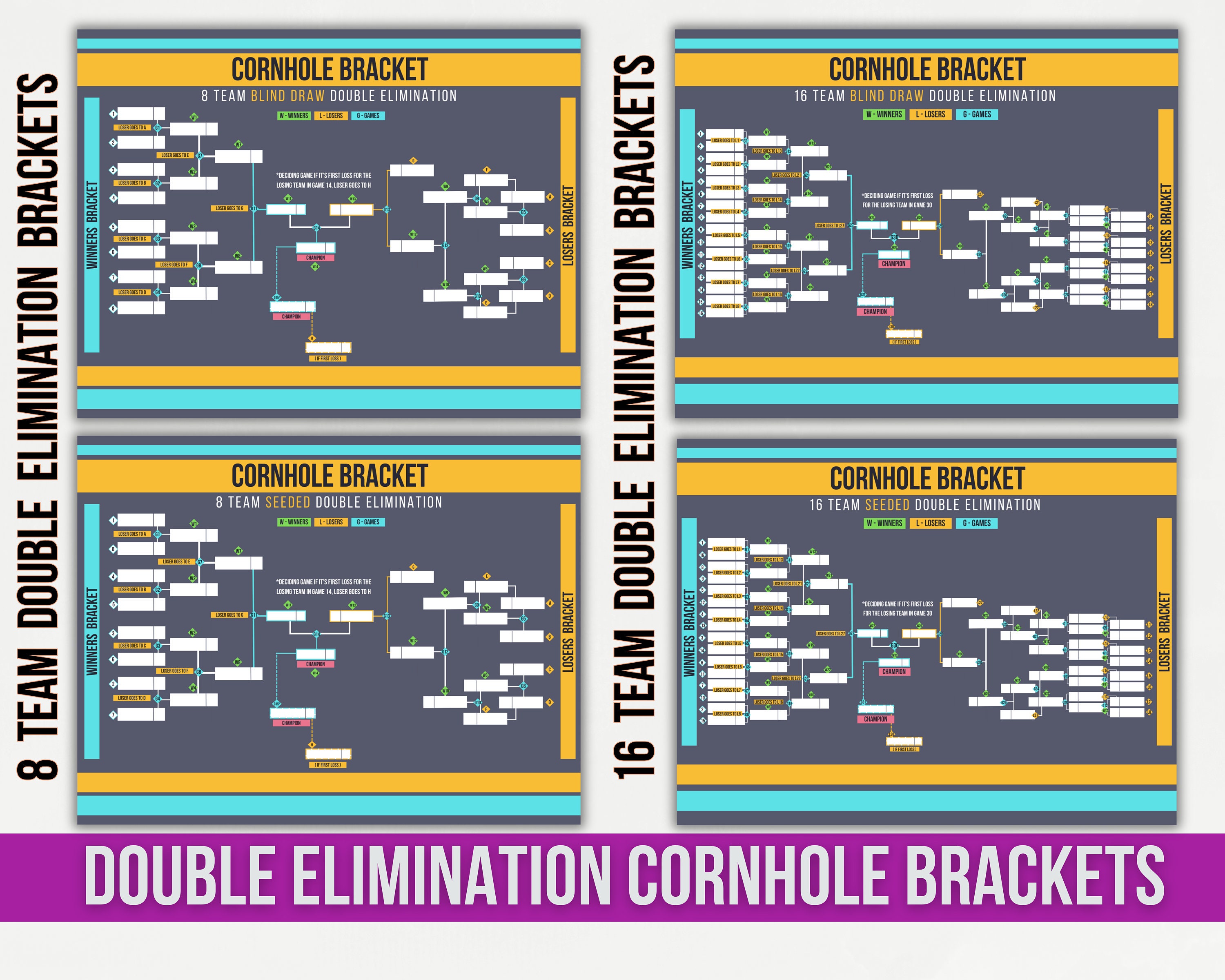 8, 16 Double Elimination Brackets, Printable Cornhole Brackets, Seeded ...