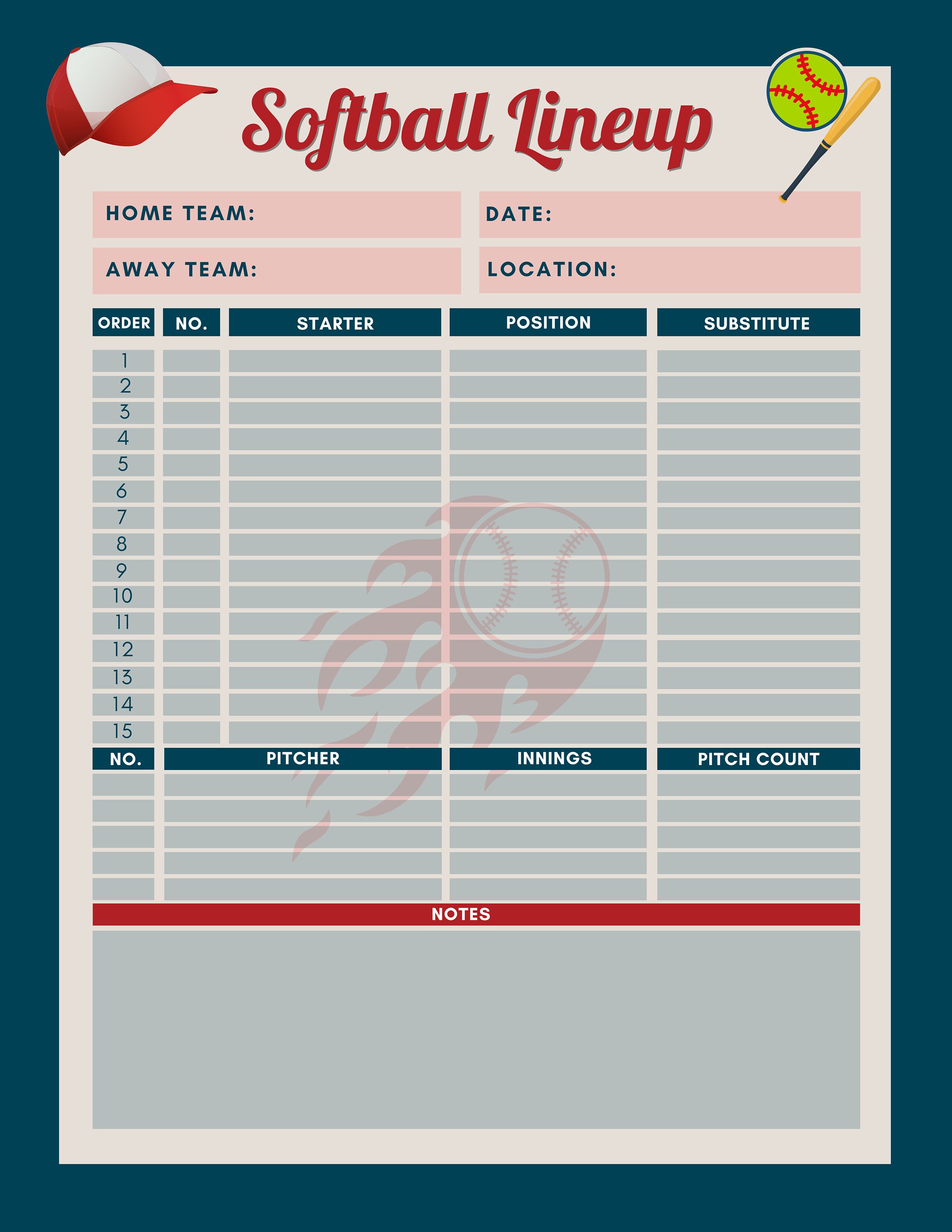 Softball Lineup Card, Softball Batting Order, Editable Lineup, Player ...