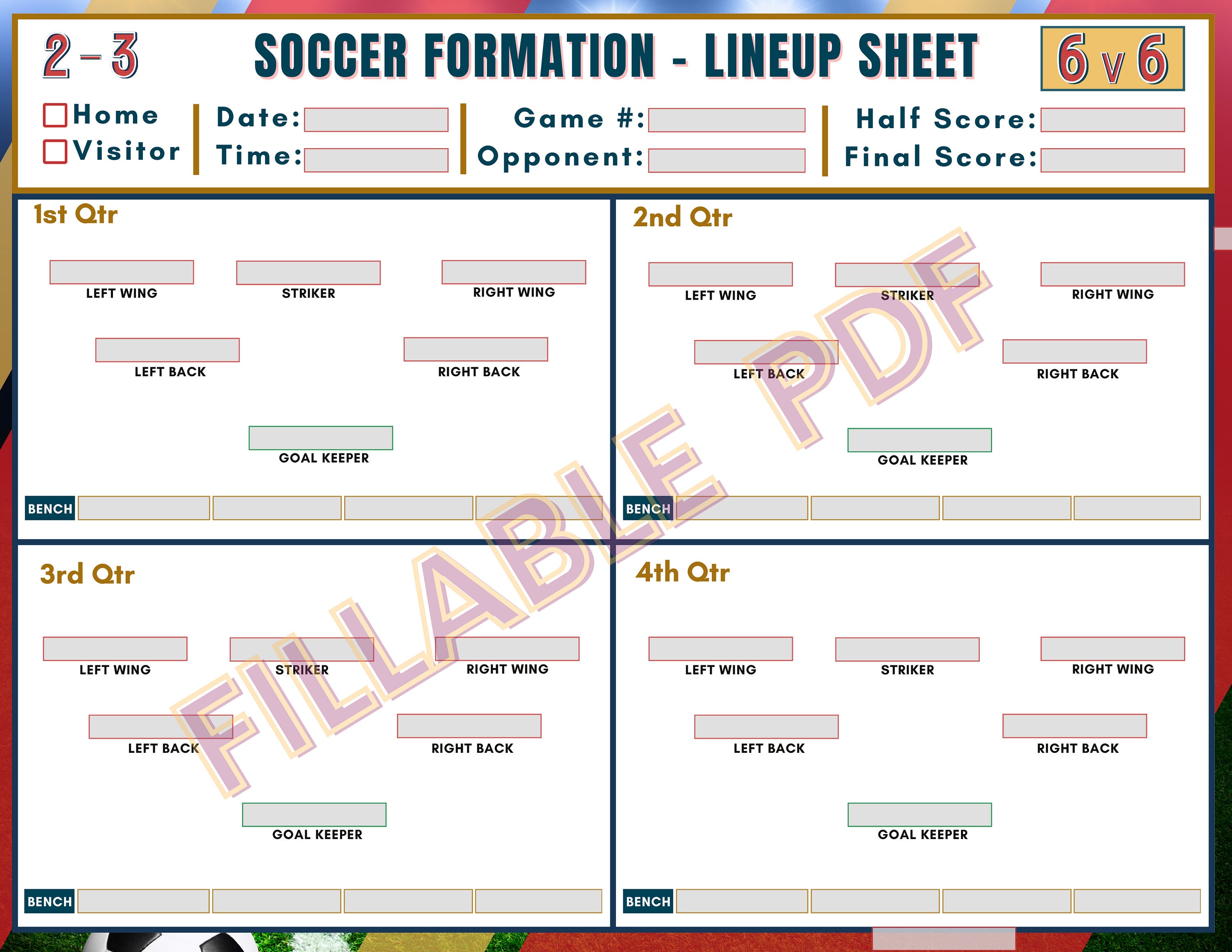 6v6 Soccer Formation Lineup Sheet, Fillable PDF, Soccer Training ...