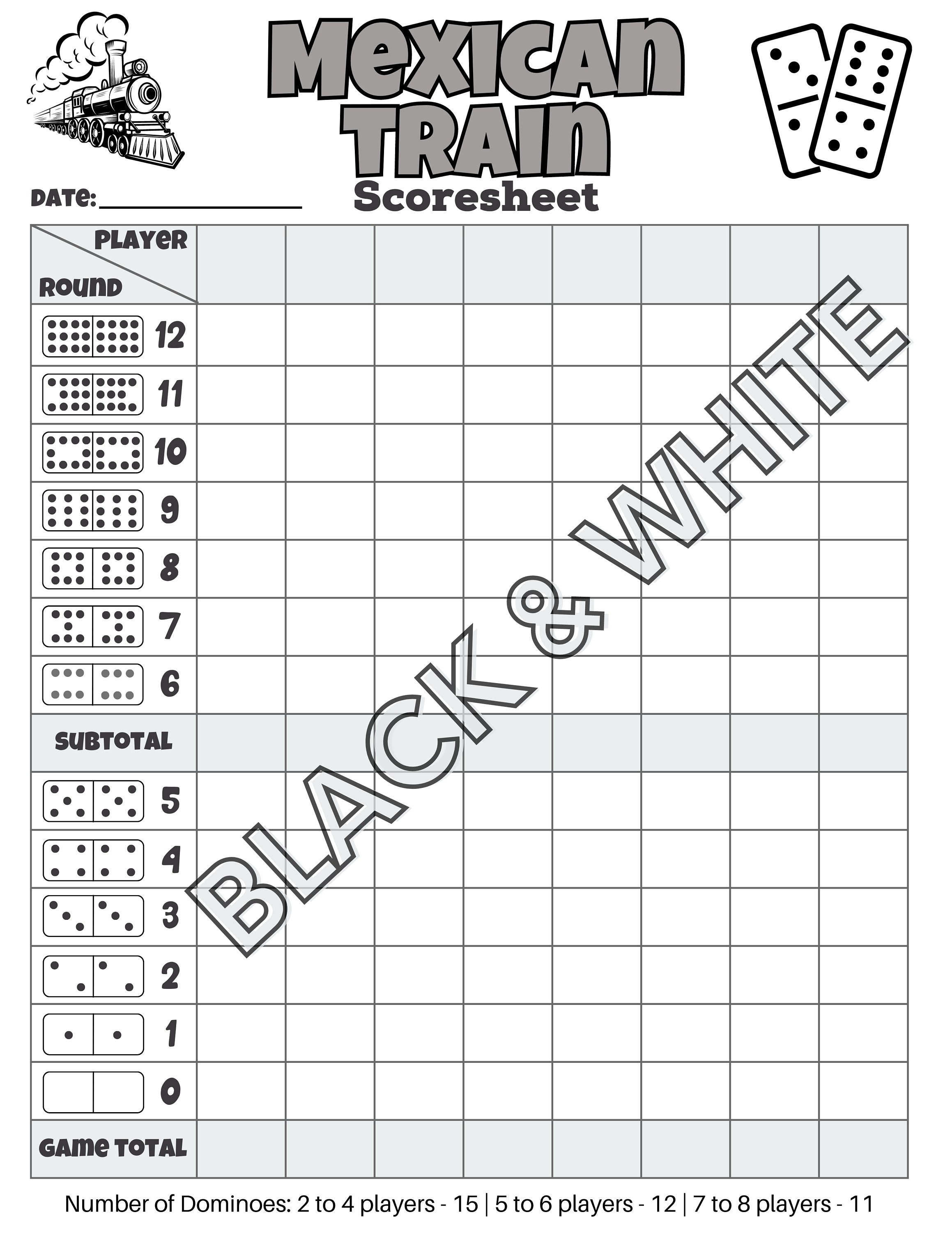 Mexican Train Domino in Color and Black & White, Mexican Train Score ...
