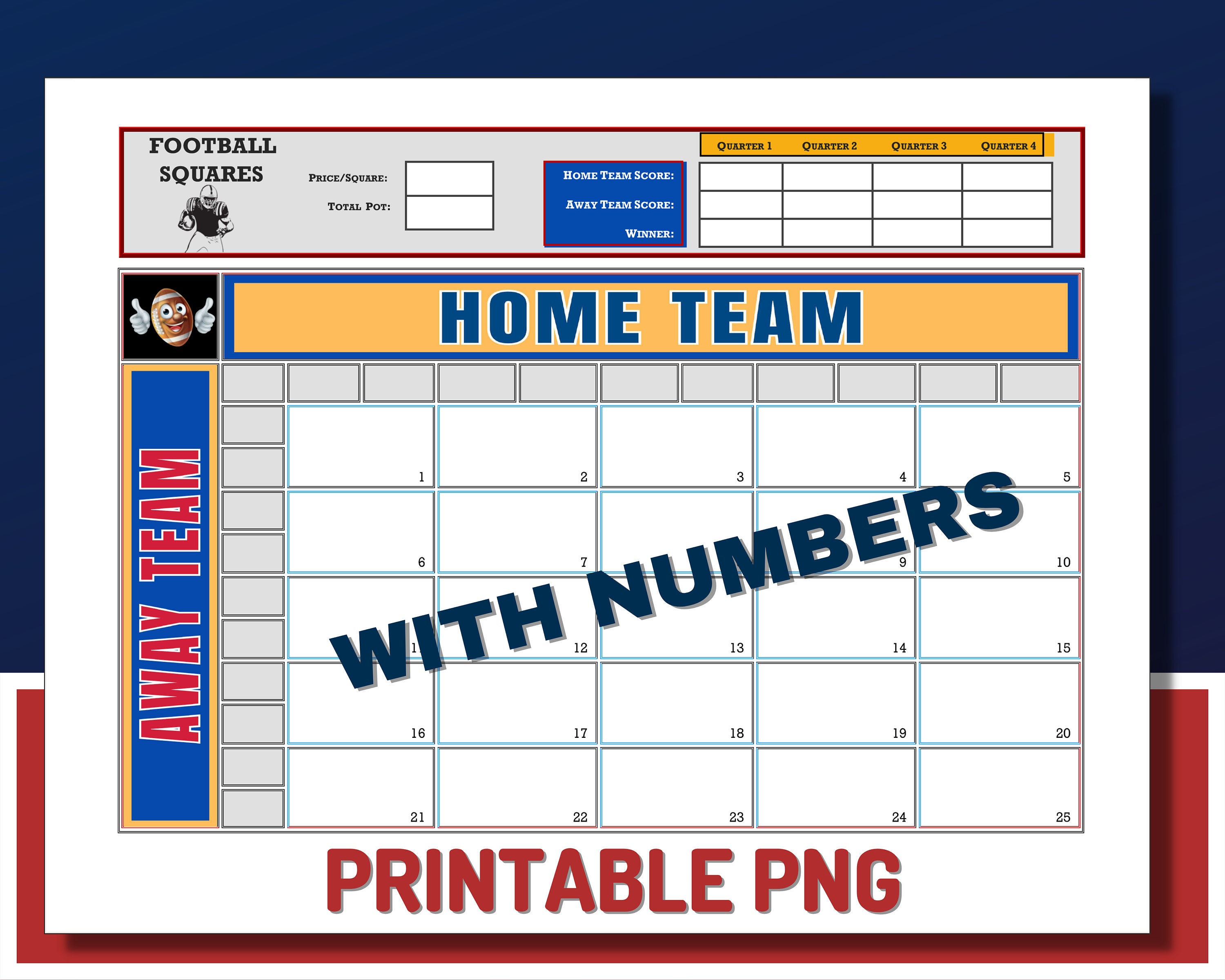 Football Squares Template 25, 25 Square Grid, Printable Football ...