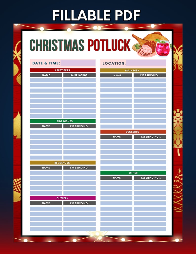 Christmas Potluck Sign up Sheet, Google Slides, Google Sheets, Editable ...