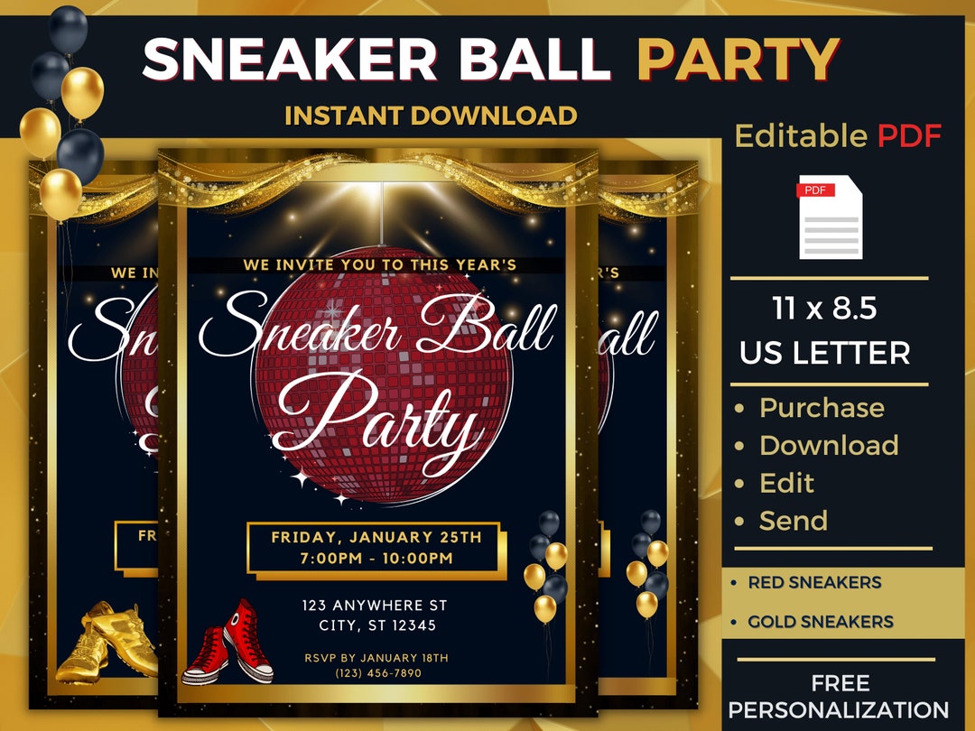 Sneaker Ball Invitation, Sneaker Ball Birthday Party, Gold Sneaker Ball ...