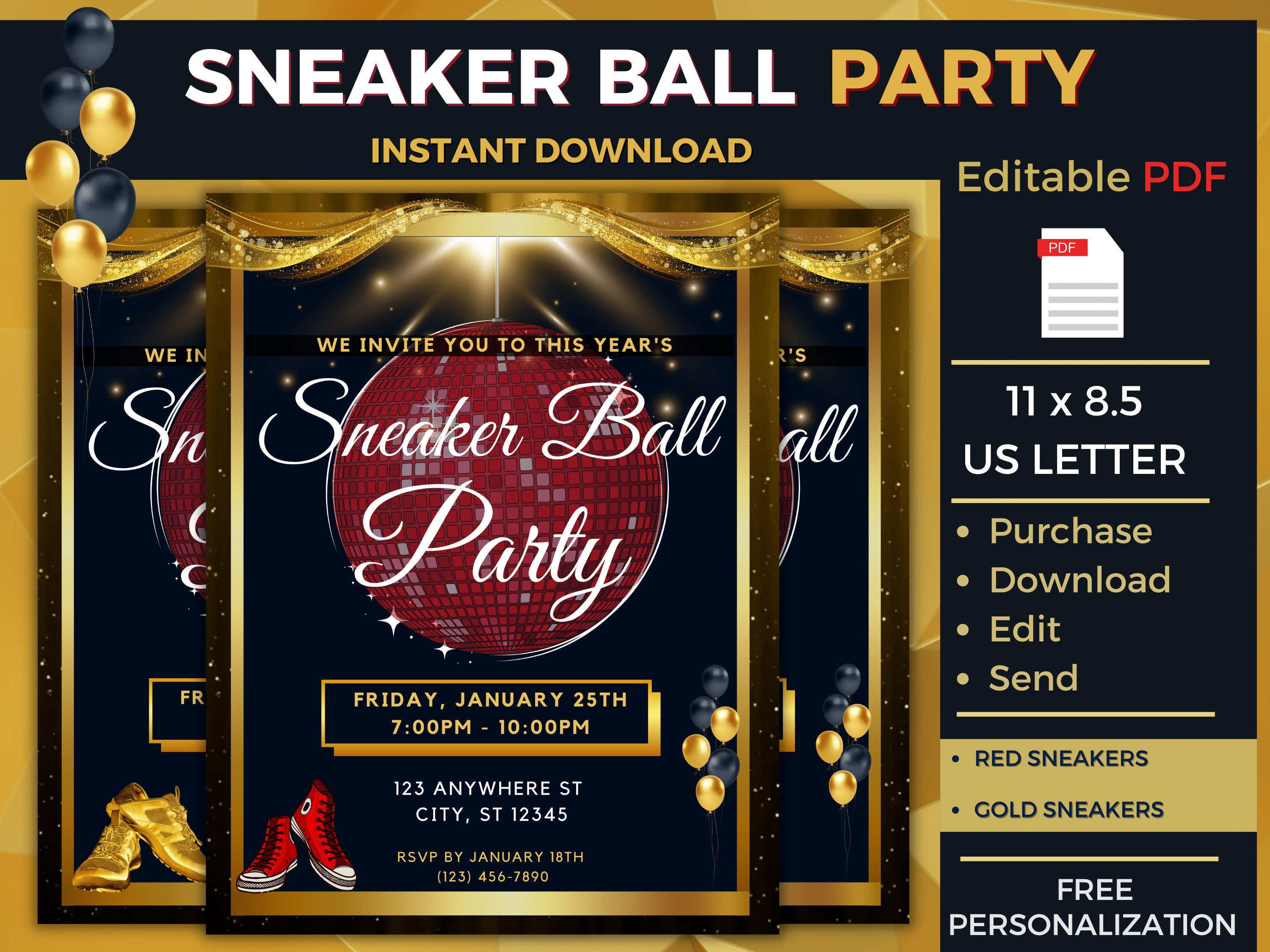 Sneaker Ball Invitation, Sneaker Ball Birthday Party, Gold Sneaker Ball ...