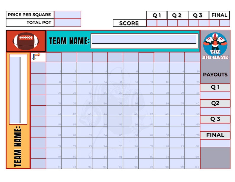 Football Squares, 100 Squares Football Pool, Football Pool Template ...