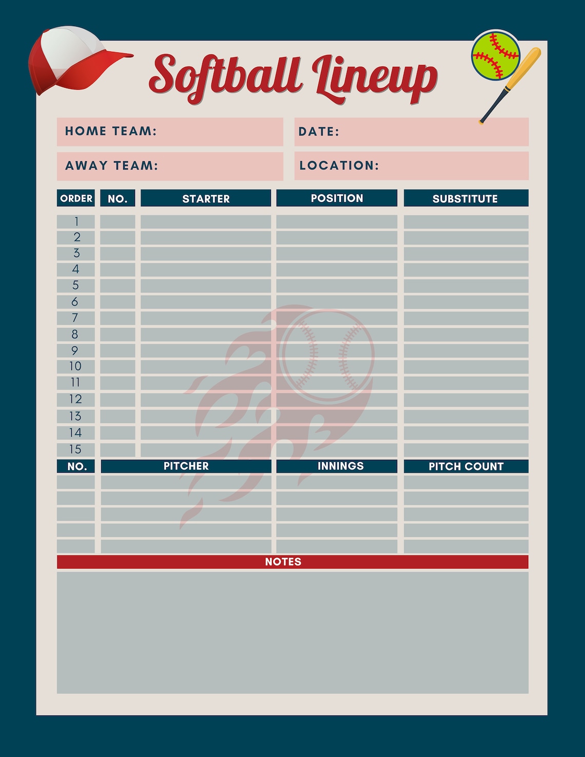 Softball Bundle Printable, Softball Schedule Template, Field Position ...