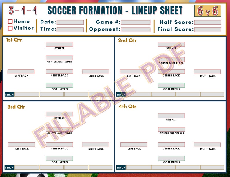6v6 Soccer Formation Lineup Sheet, Fillable PDF, Soccer Training ...