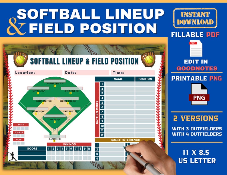 Softball Lineup and Field Position, Softball Batting Order, Editable ...