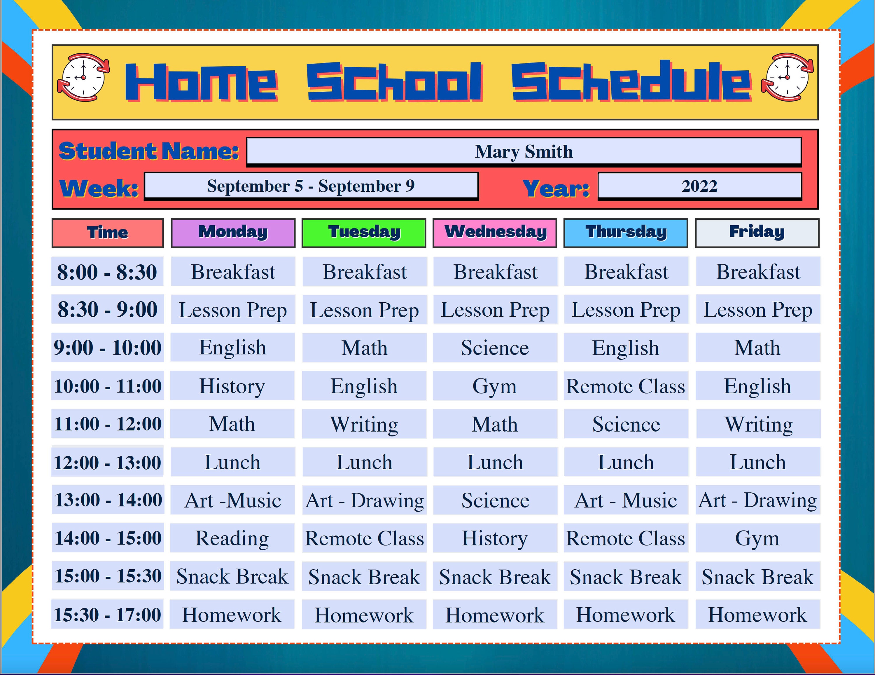 Homeschool Weekly Schedule, Colorful Schedule, Homeschool Planner ...