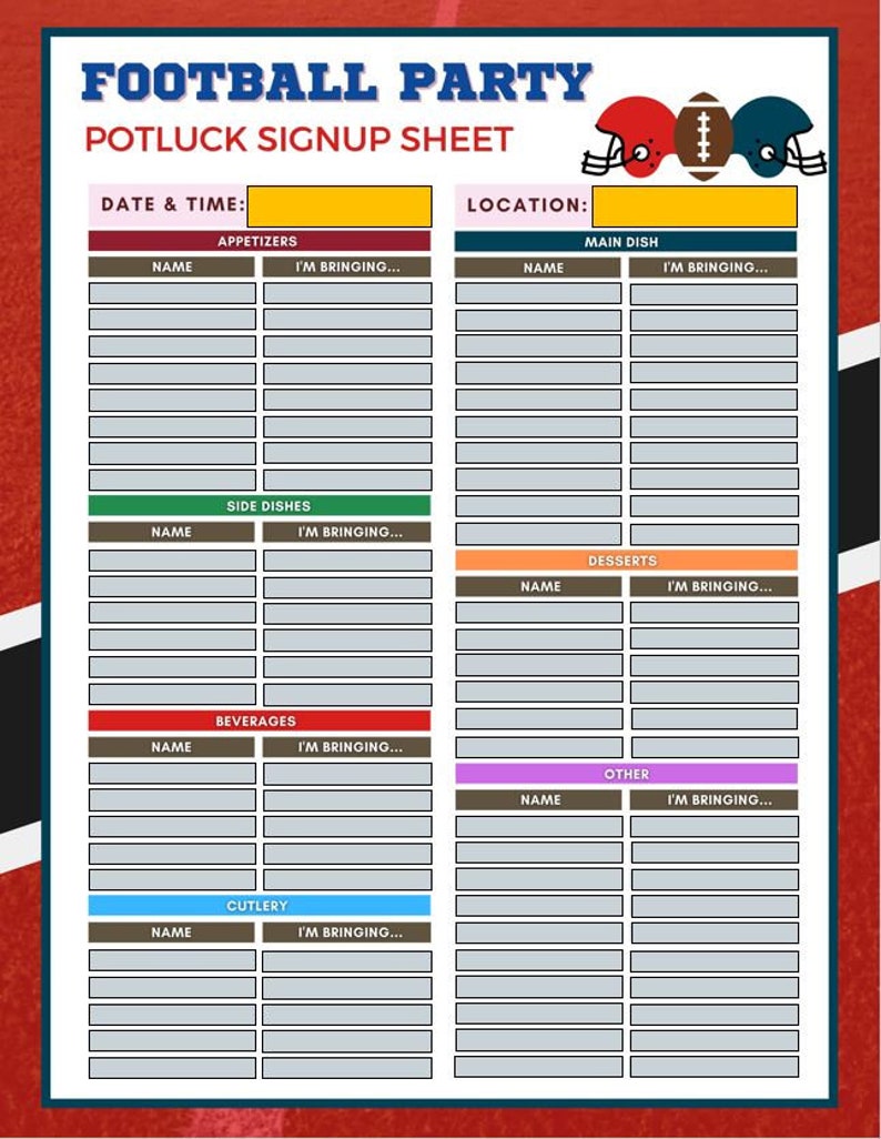 Football Party Printable, Potluck Sign up Sheet, Google Slides ...