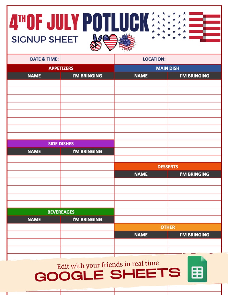 4th of July Potluck Sign up Sheet, Google Sheets, Google Slides ...
