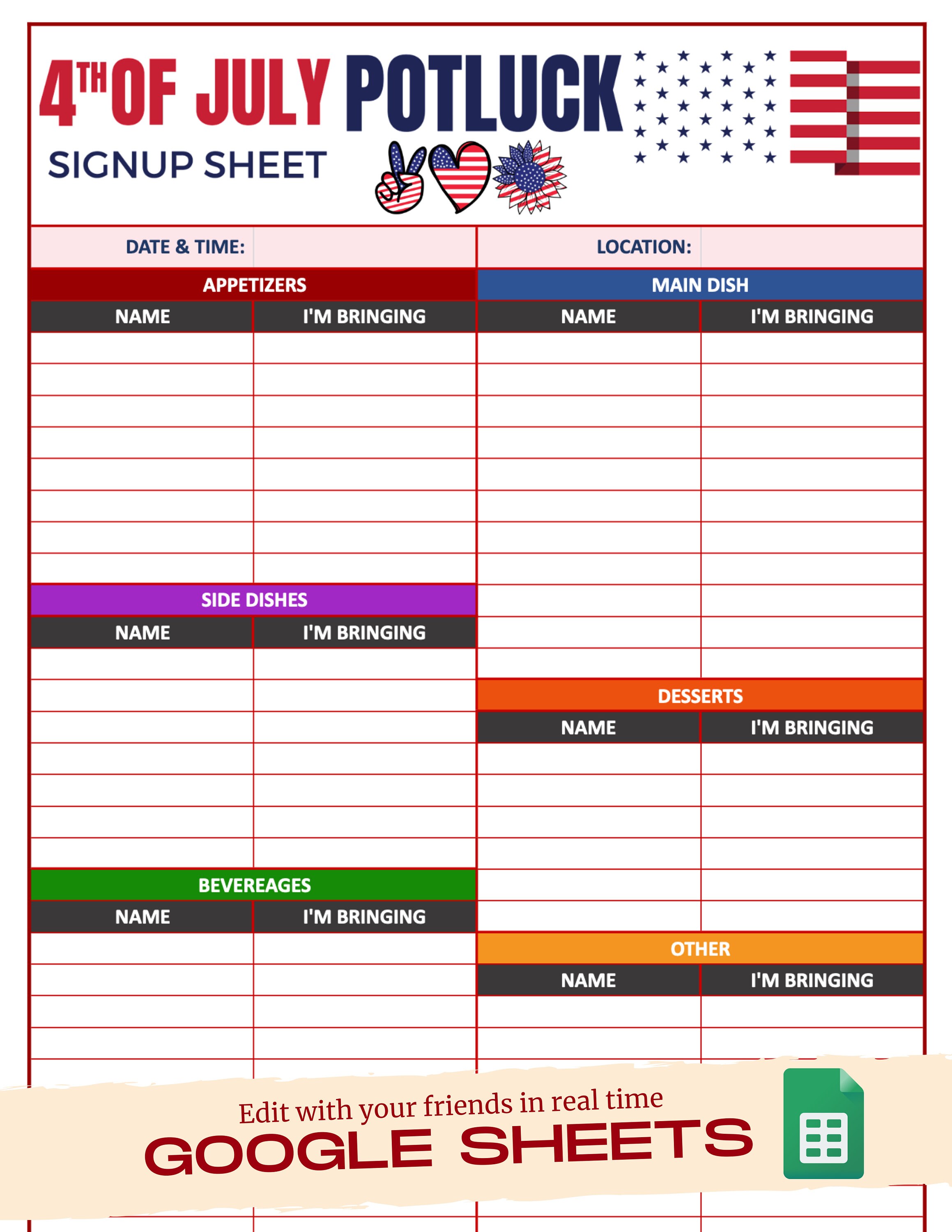 4th of July Potluck Sign up Sheet, Google Sheets, Google Slides ...