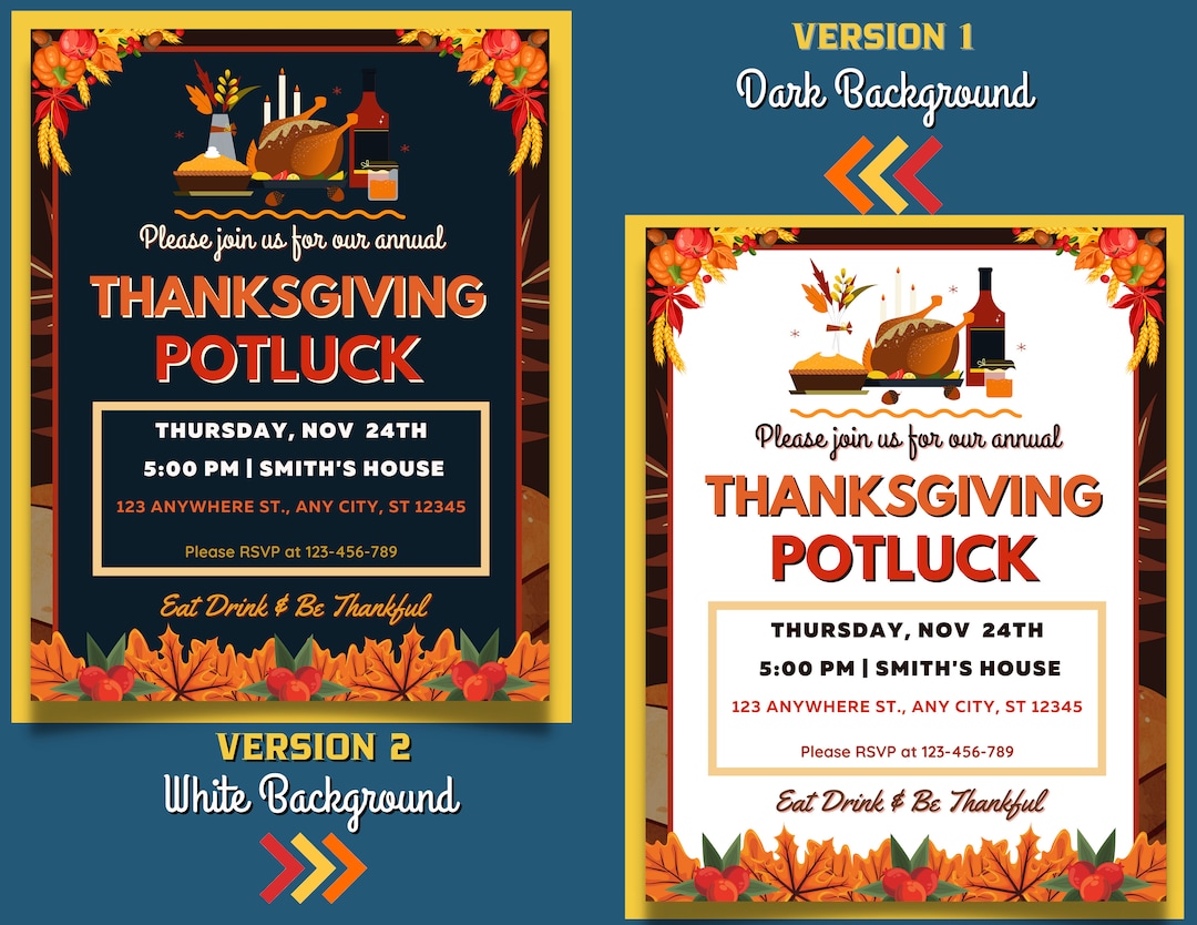 Thanksgiving Potluck Invitation, Thanksgiving Dinner, Instant Download ...