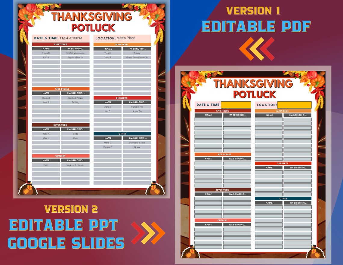 Thanksgiving Potluck Sign up Sheet Google Slides Food Sign - Etsy