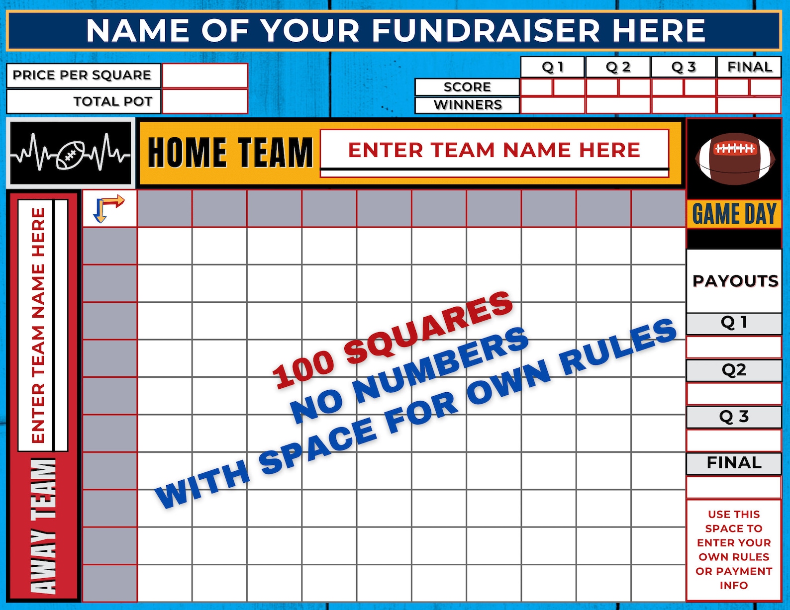 Editable Football Fundraiser Squares: Edit Team/fundraiser Name ...