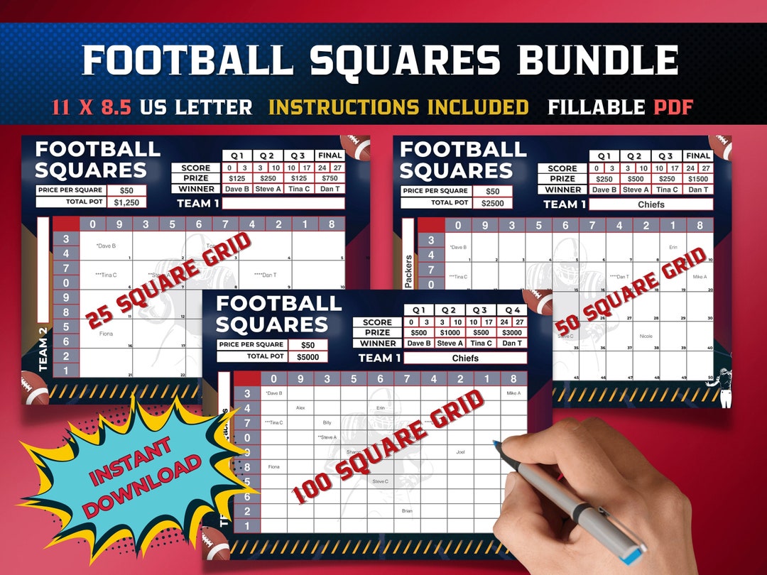 Football Squares Bundle, 100 Squares Grid, Football Boxes, Super ...