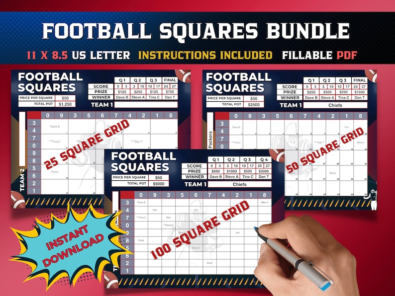 Football Squares Bundle, 100 Squares Grid, Football Boxes, Super ...