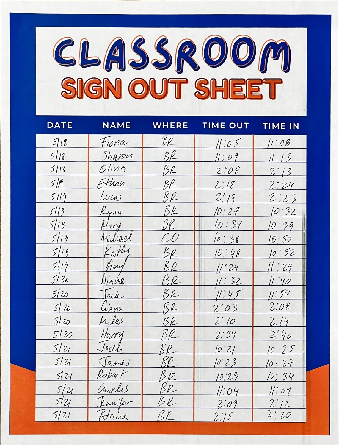 Classroom Sign Out Sheet Printable Classroom Check Out - Etsy