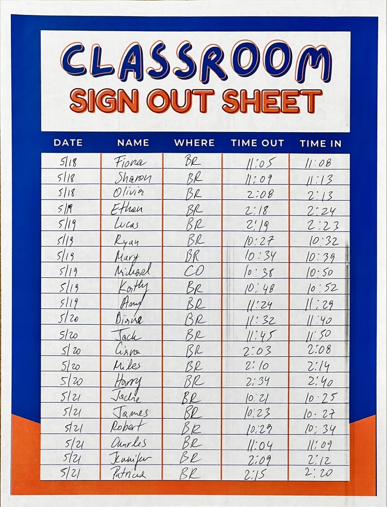 Classroom Sign Out Sheet Printable, Classroom Check Out, Classroom ...
