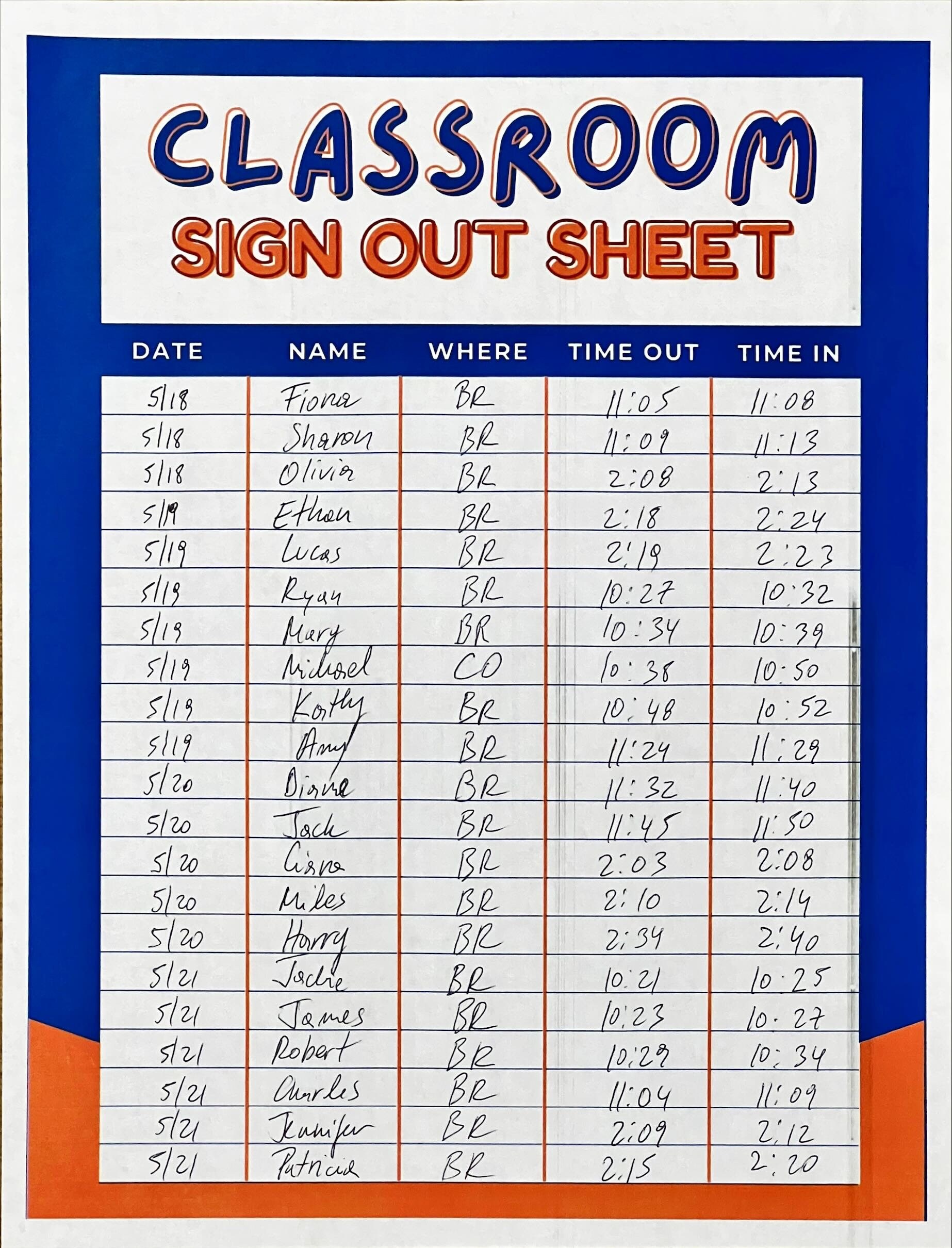 Classroom Sign Out Sheet Printable, Classroom Check Out, Classroom ...