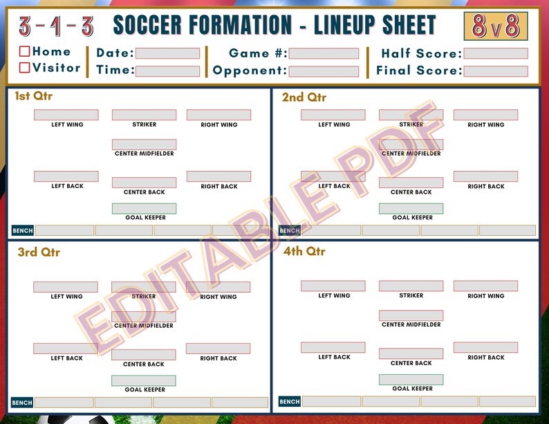 8v8 Soccer Formation Lineup Sheet, Editable PDF, Soccer Training ...