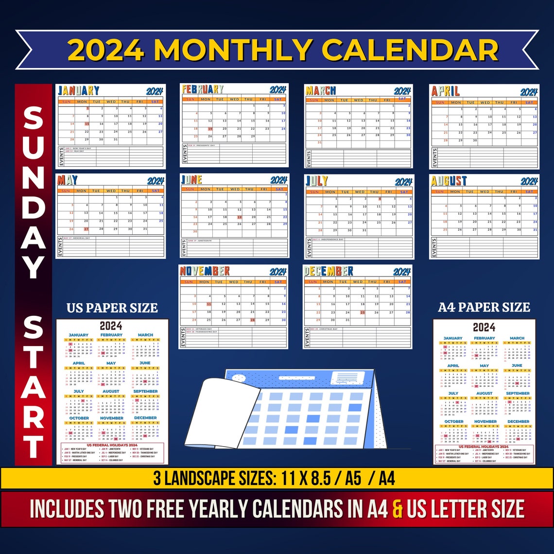Printable 2024 Monthly Calendar, 2024 Wall Calendar, 2 Free Yearly ...
