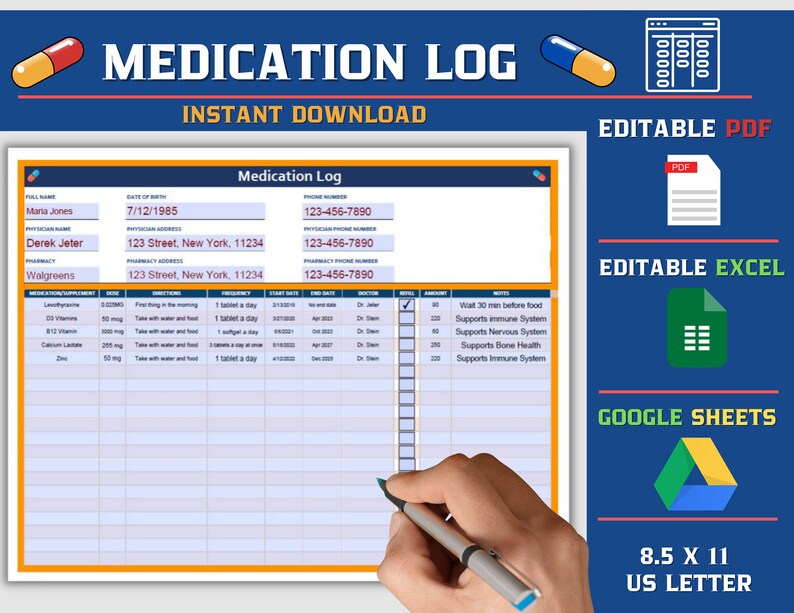 Printable Medication Log, Google Sheets, Printable Medication Tracker ...
