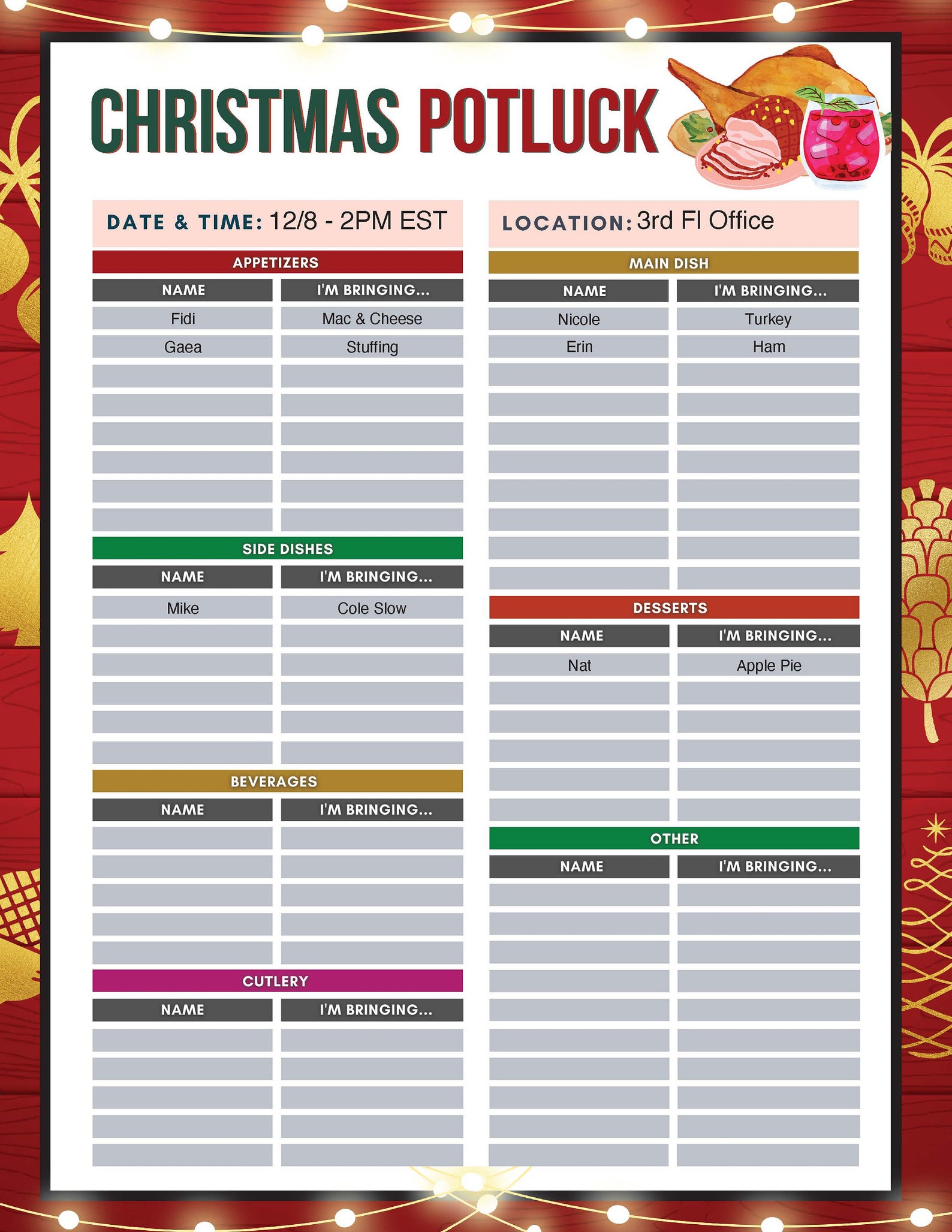 Christmas Potluck Sign up Sheet, Google Slides, Google Sheets, Editable ...