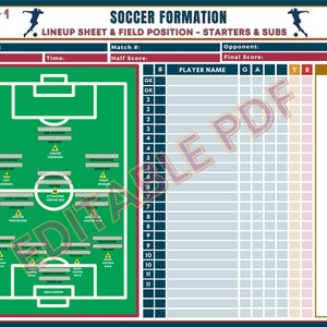 11v11 Soccer Formation Lineup Sheet With Starters and Subs, Fillable ...