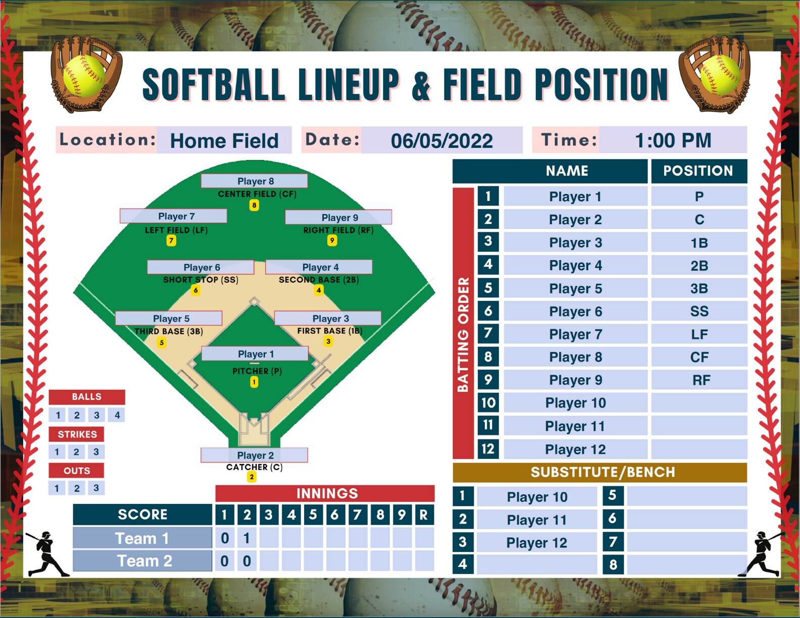 Softball Lineup and Field Position, Softball Batting Order, Editable ...
