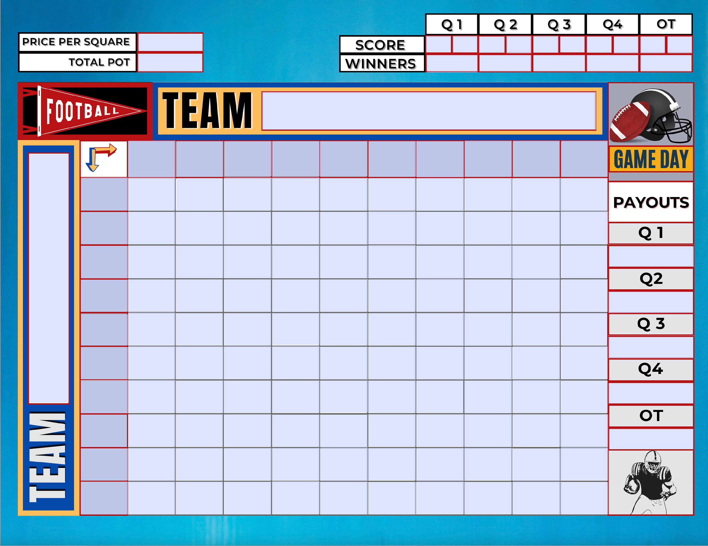 Football Squares, 100 Squares Football Pool Template, Football Boxes ...
